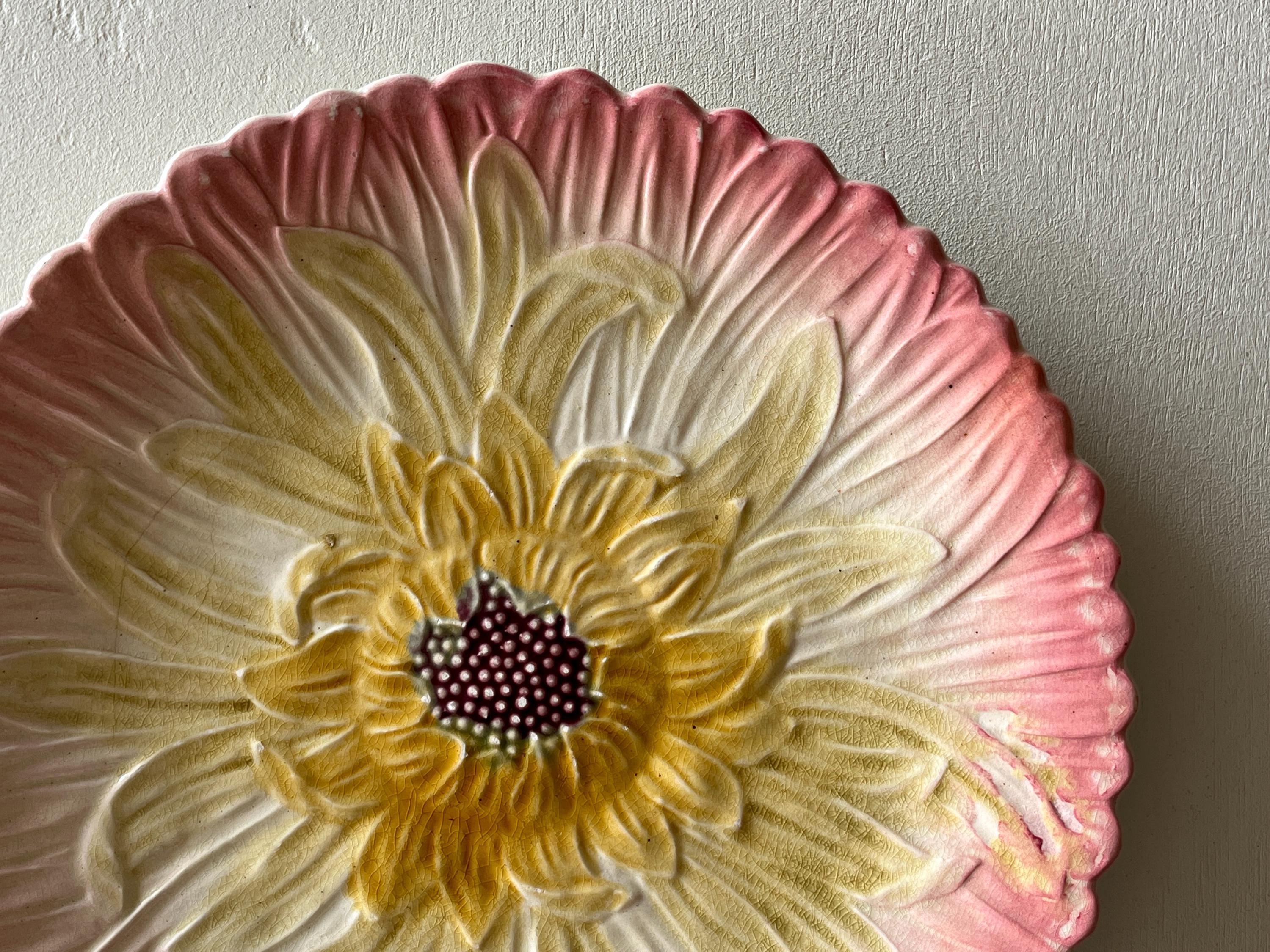 France Antique French Vintage Barbotine Lovely Pink Flower Plate 22.5cm ...