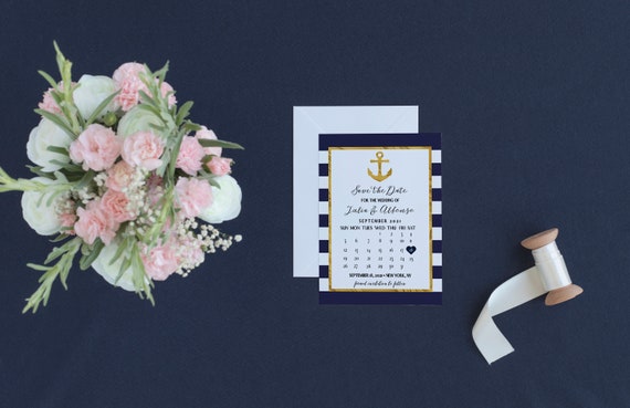 Navy and White Nautical Wedding Save the Date With Calendar | Etsy