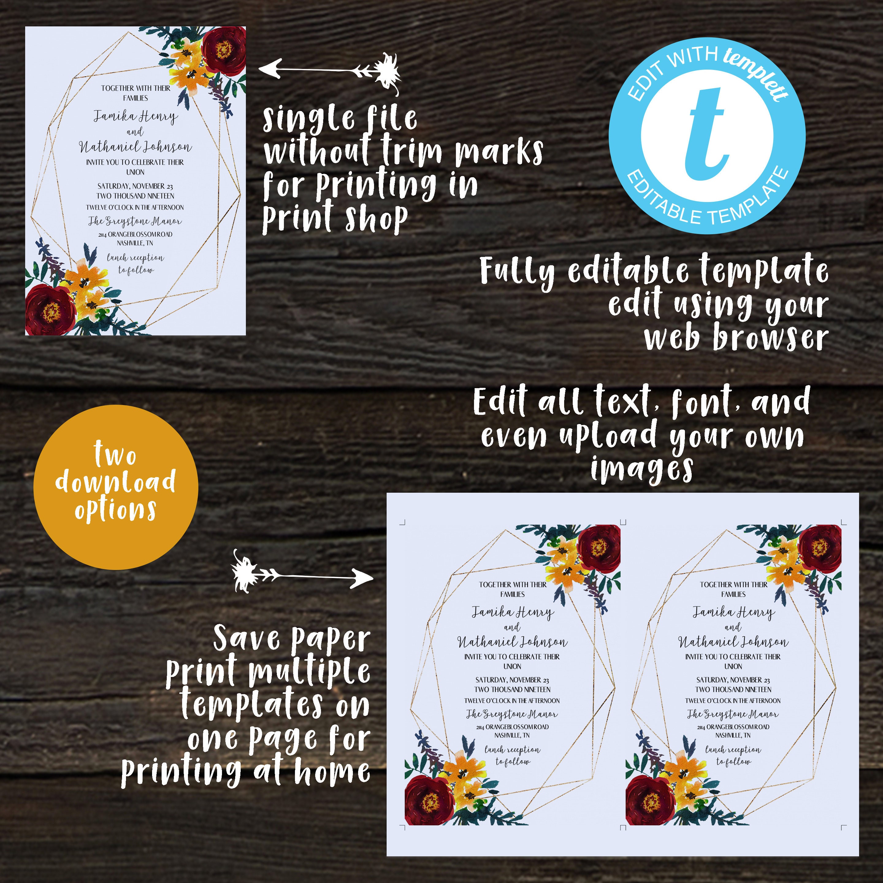 Gold Geometric Frame Wedding Invitation Set Editable Rustic | Etsy