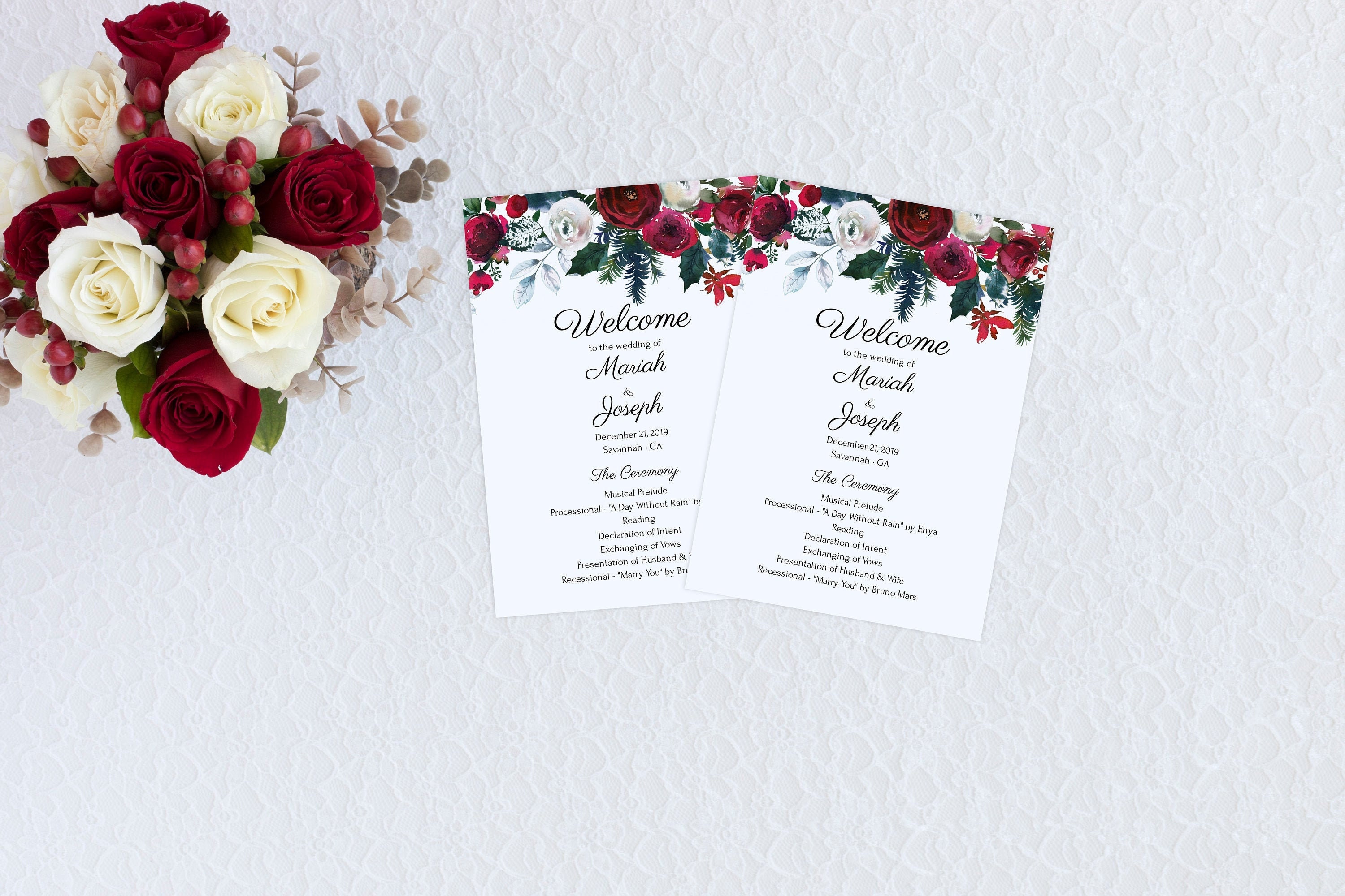 Christmas Wedding Program Floral Winter Wedding Program DIY Red and ...