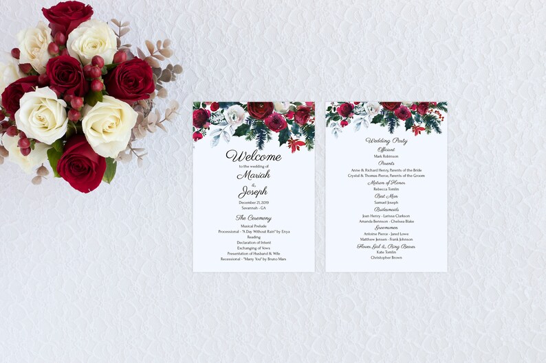 Christmas Wedding Program Floral Winter Wedding Program DIY Red and ...