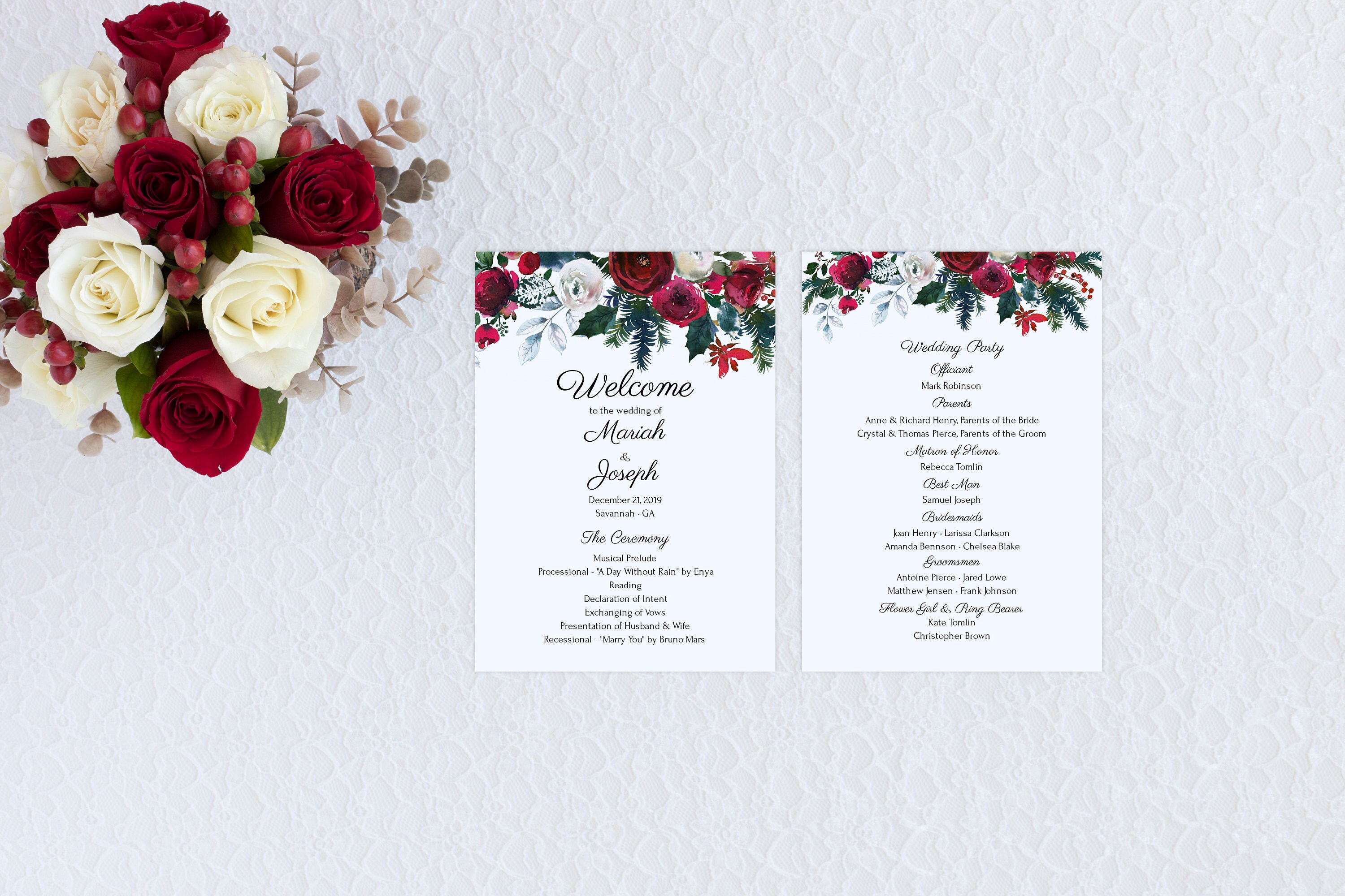 Christmas Wedding Program Floral Winter Wedding Program DIY Red and ...