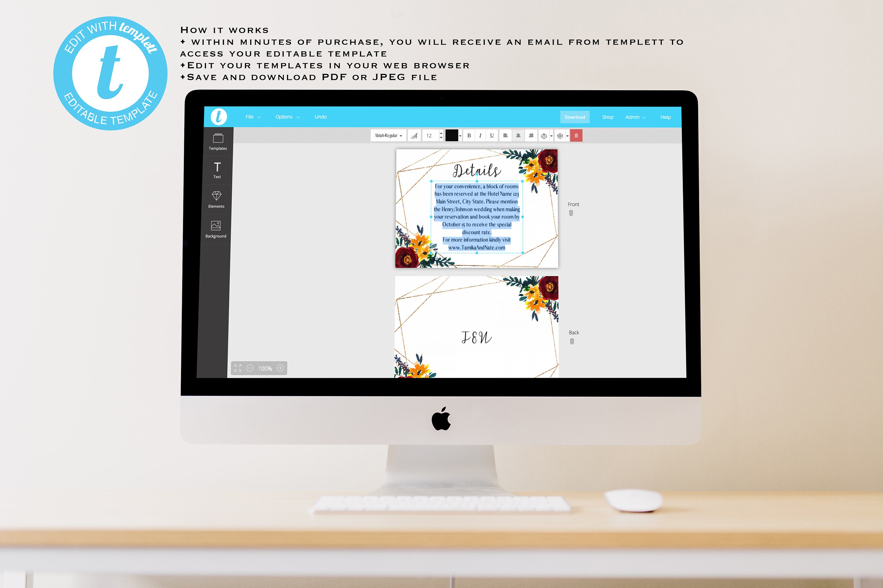 Gold Geometric Frame Wedding Invitation Set Editable Rustic | Etsy