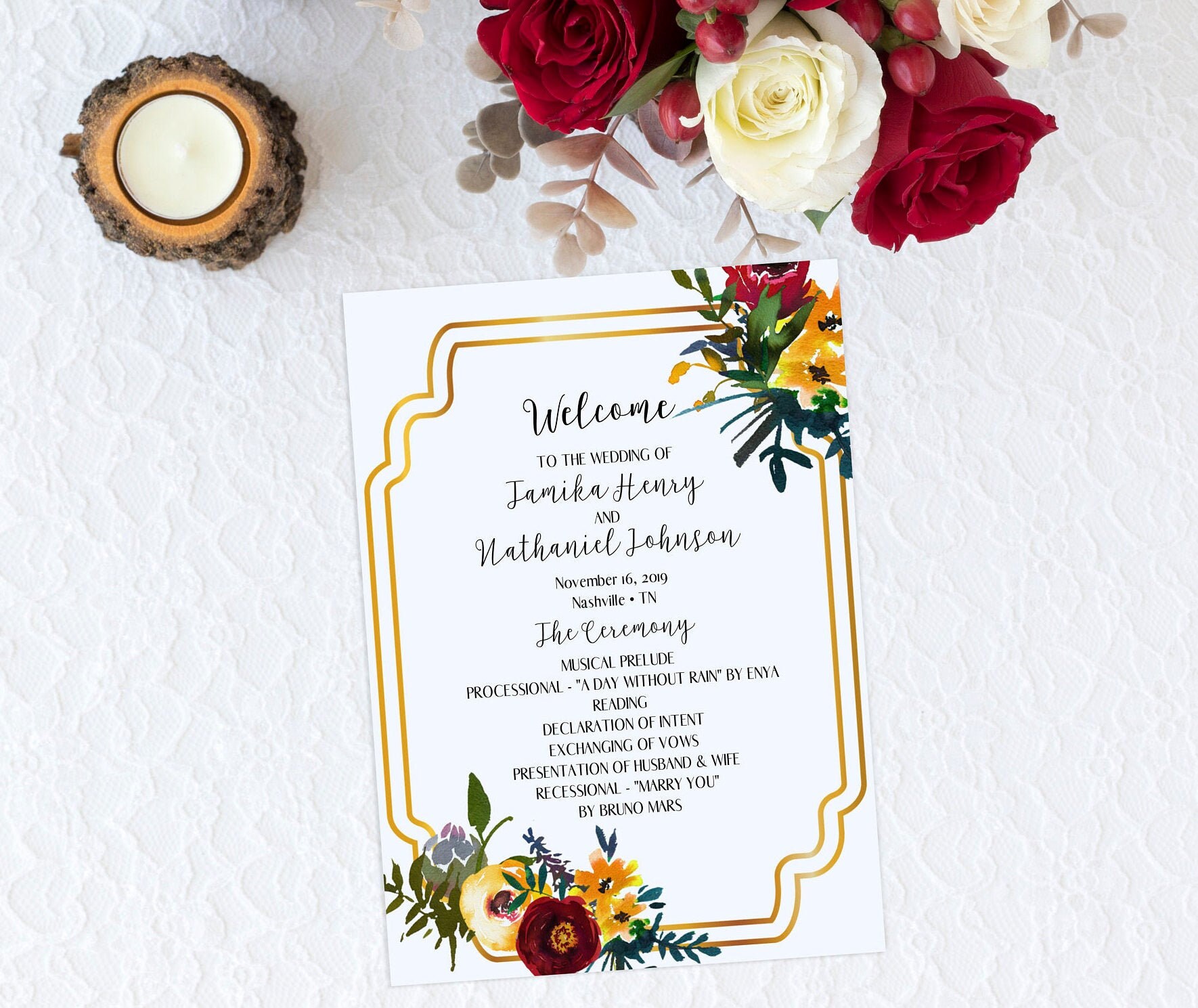 Gold Border Rustic Wedding Program Editable Wedding Program - Etsy
