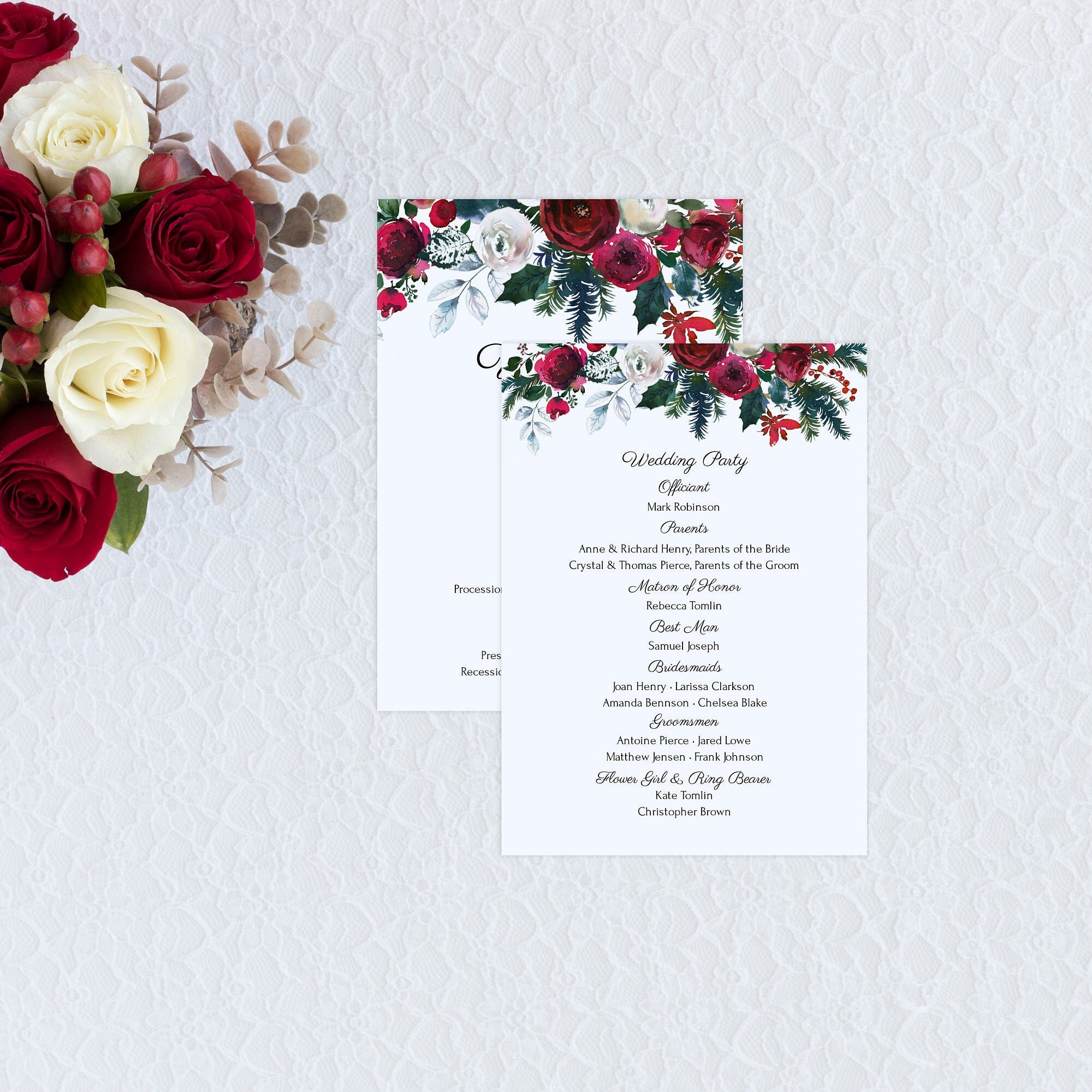 Christmas Wedding Program Floral Winter Wedding Program DIY Red and ...