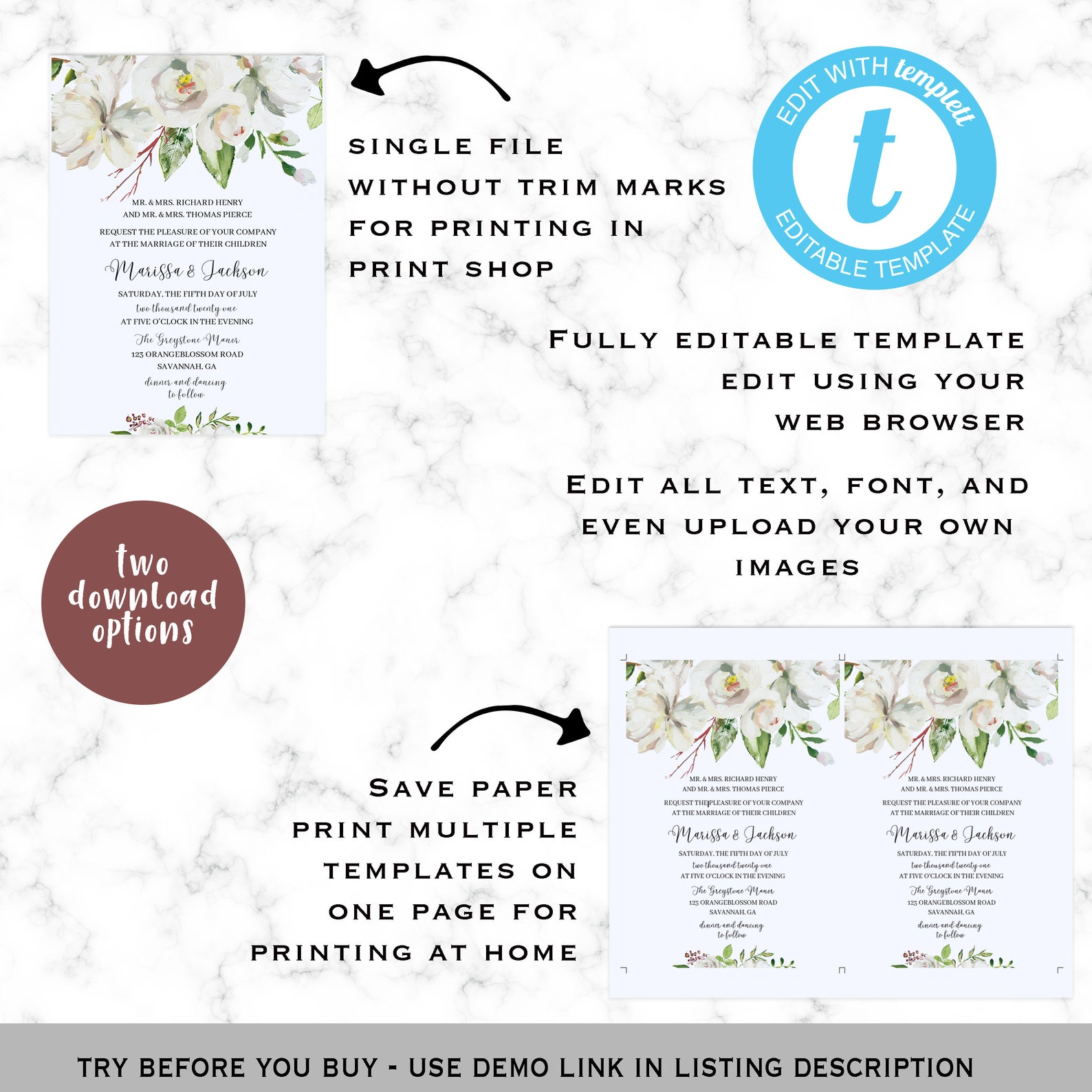 White Floral Wedding Invitation Set DIY White Wedding Invitation ...