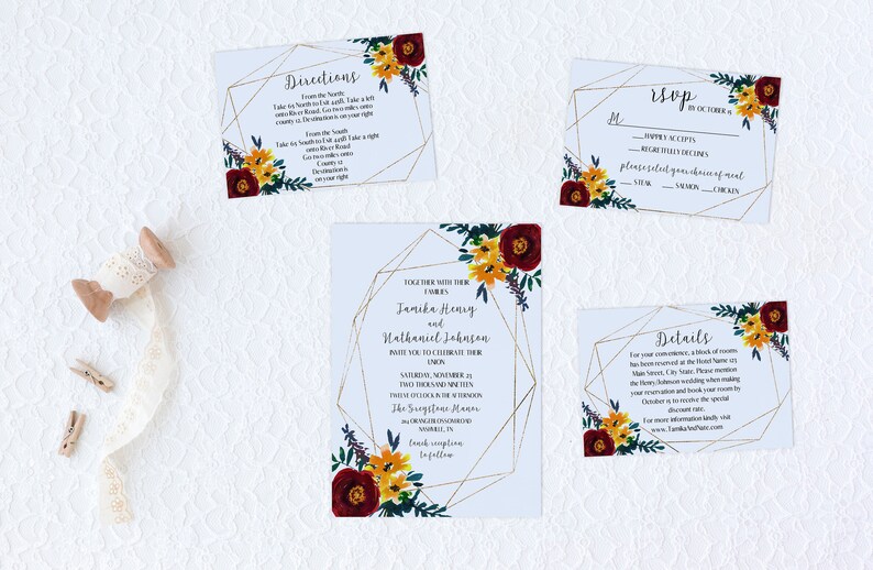 Gold Geometric Frame Wedding Invitation Set Editable Rustic - Etsy