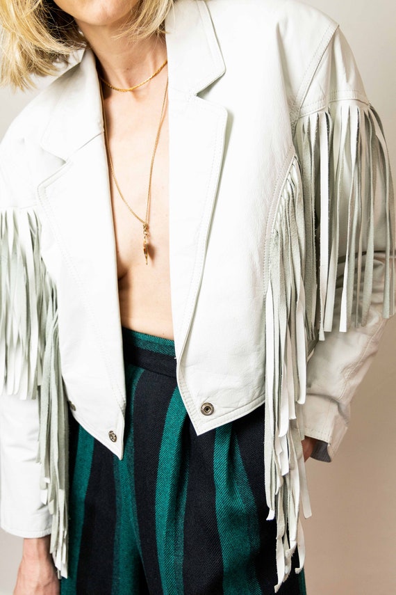 Soft Matte White Leather & Fringe Rock Jacket - Gem