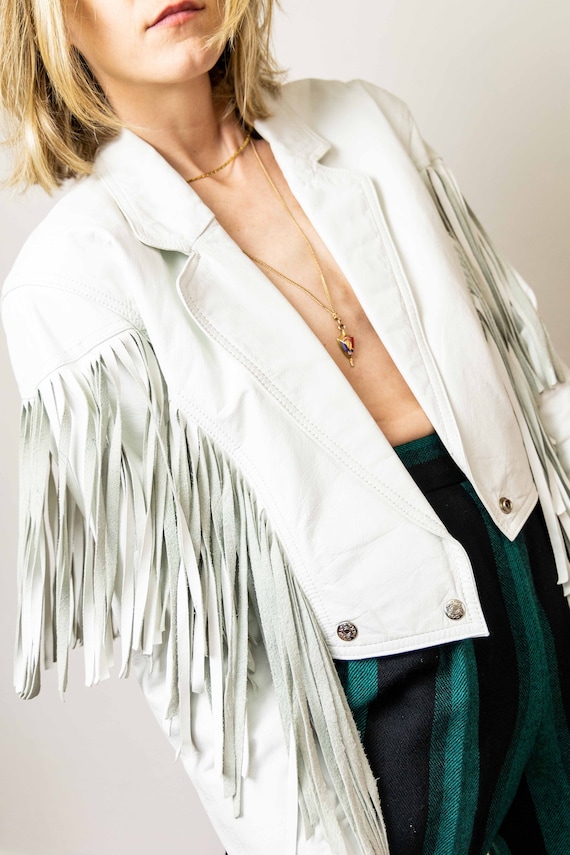 Soft Matte White Leather & Fringe Rock Jacket - Gem