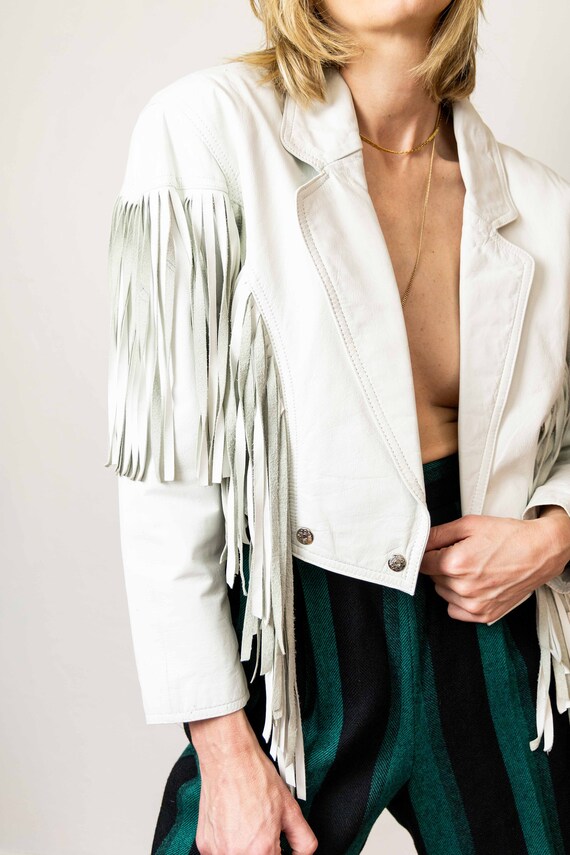Soft Matte White Leather & Fringe Rock Jacket - Gem