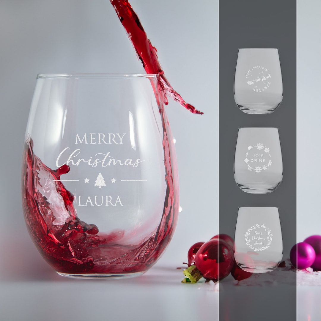 Personalised Christmas Stemless Wine Glass Custom Engraved Stemless ...