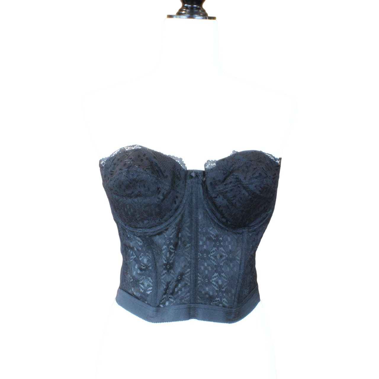 Vintage Sears Long Line Bra Lace Bustier Black Low Back Strapless 38C ...