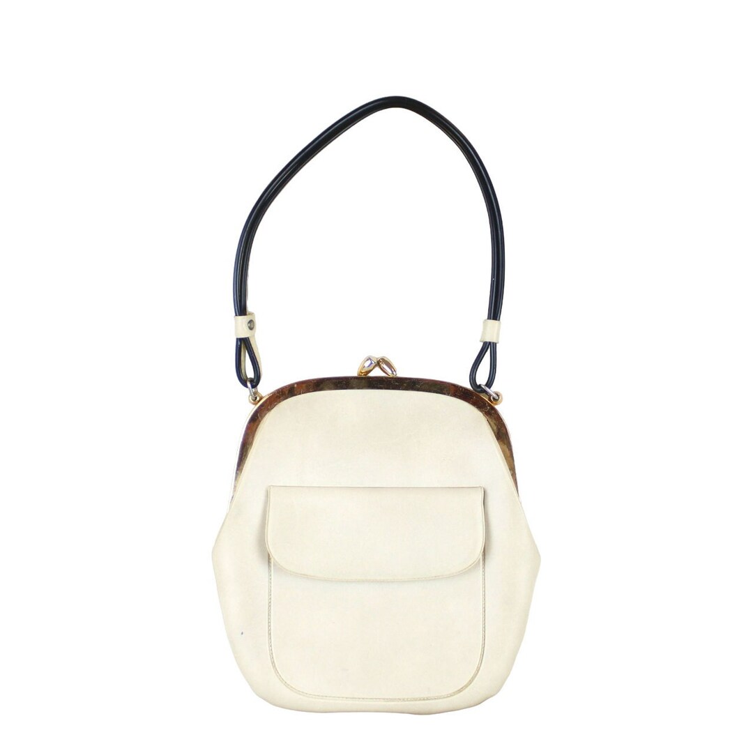 Vintage White Hand Bag Kiss Clasp Purse 60s Retro Mod Top Handle ...