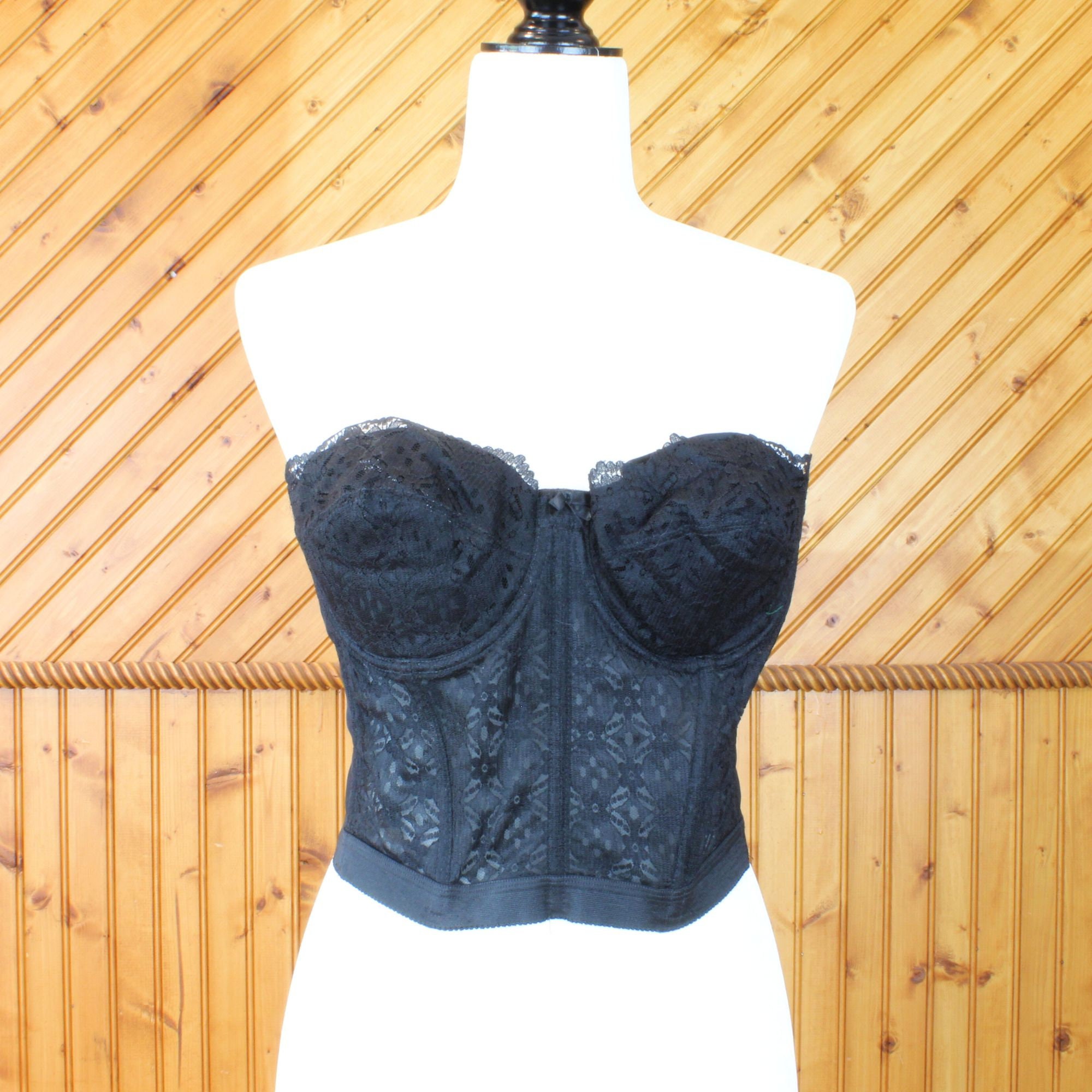Vintage Sears Long Line Bra Lace Bustier Black Low Back Strapless 38C ...