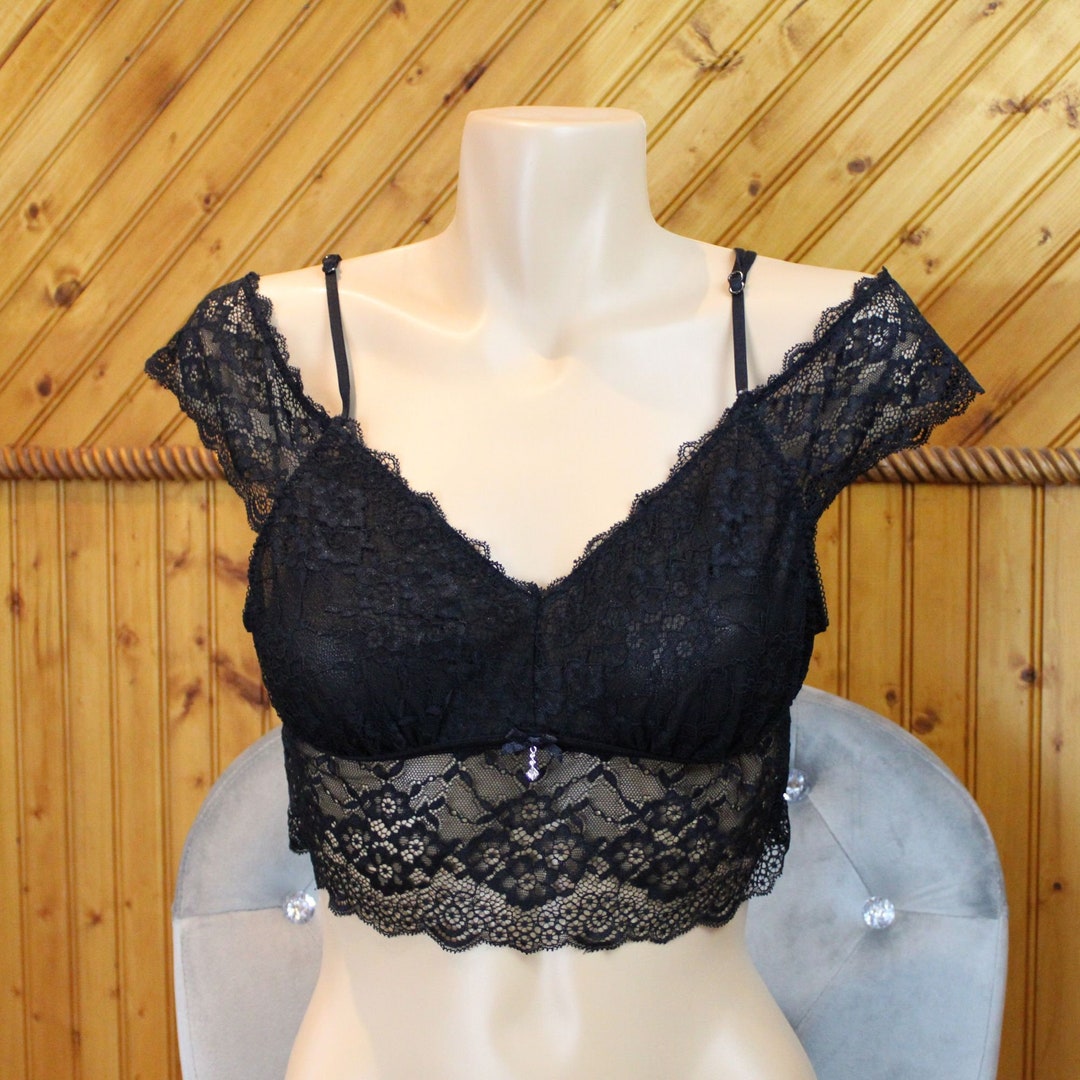 La Senza Black Lace Cold Shoulder Bralette Bra Top Short Sleeve Size ...