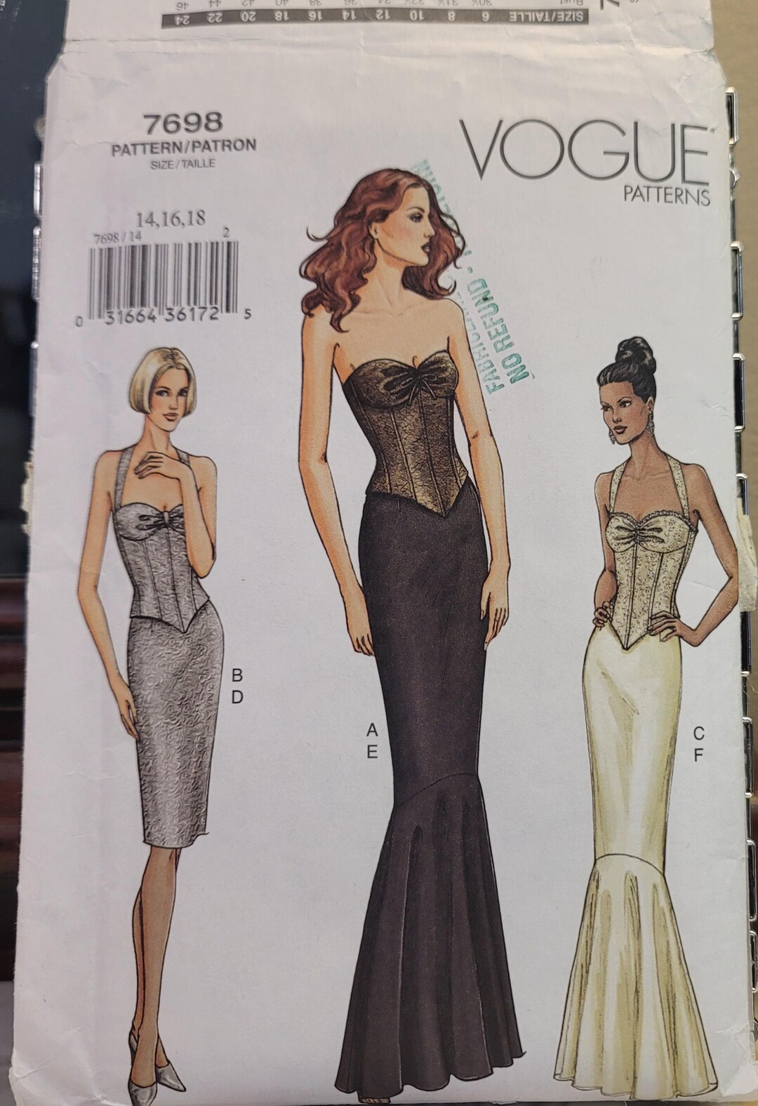 Holiday Formal Gown Pattern – Vogue 7698, Strapless Mermaid Dress, Size ...