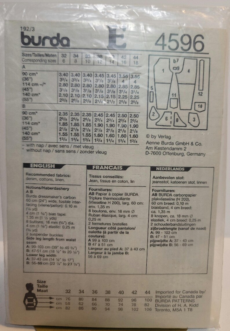 Burda 4596 1990s Vintage Sewing Pattern Overalls Romper Dungarees Size ...