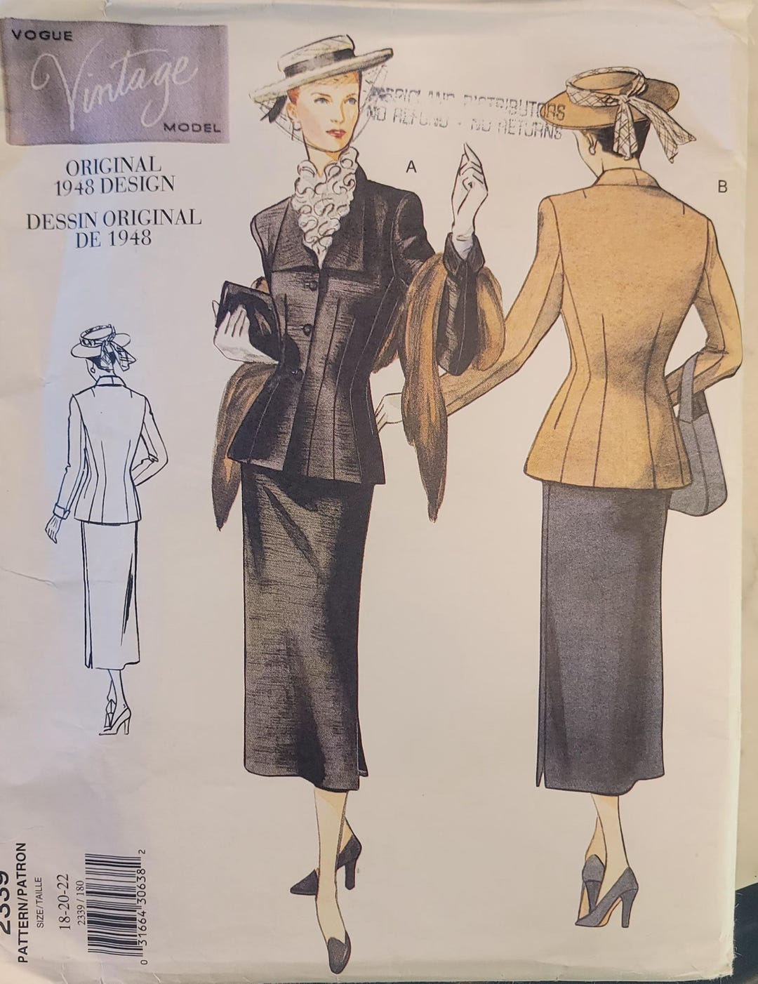 1940s Suit Sewing Pattern – Vogue 2339 Vintage Jacket Skirt 1948 Design ...