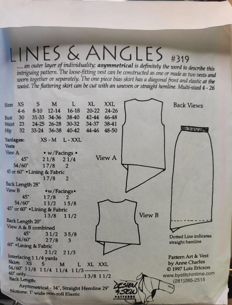 Lines and Angles 319 Sewing Pattern 1997 Asymmetrical Vest Skirt Womens ...