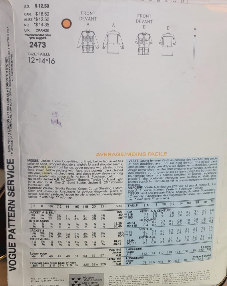 Vintage Vogue 2473 Sewing Pattern – Calvin Klein Safari Jacket, 1990 ...