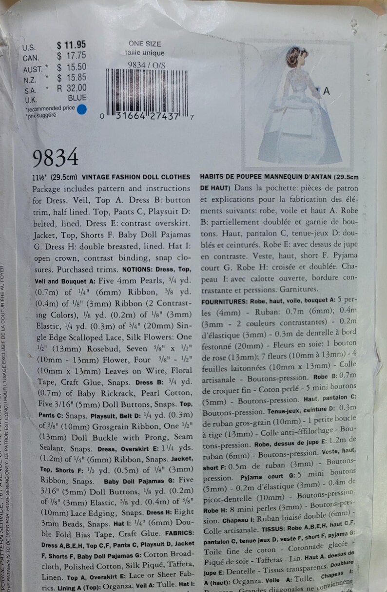 Vogue Craft 9834 Vintage Barbie Fashion Archive Pattern – Complete ...