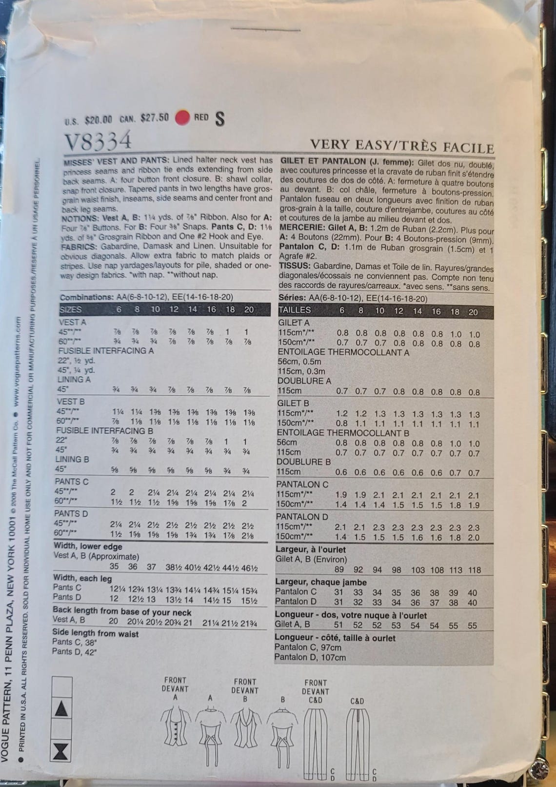 Vintage Vogue V8334 Sewing Pattern – Vest & Pants, 2000s, Size 14-20 ...