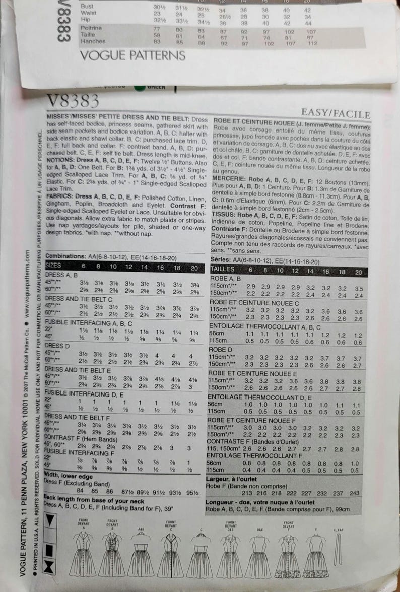 Vogue V8383 Easy Options Dress Pattern 2008 Uncut EE 14–20 Out of Print ...