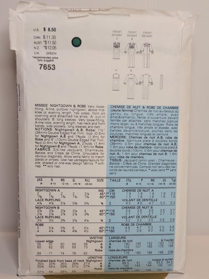 Vogue 7653 1990s Vintage Sewing Pattern Misses Nightgown Peignoir Robe ...