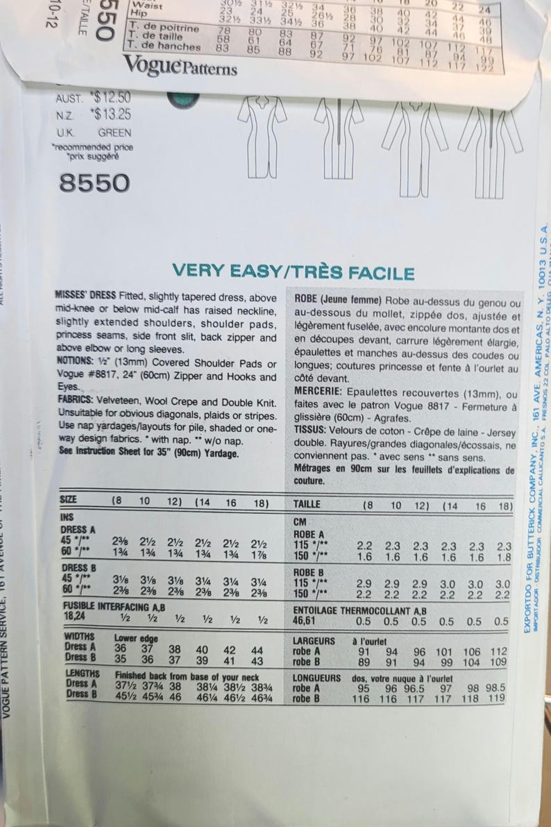 1980s Office Cocktail Dress Pattern – Vogue 8550 Fitted Sheath, Size 8 ...