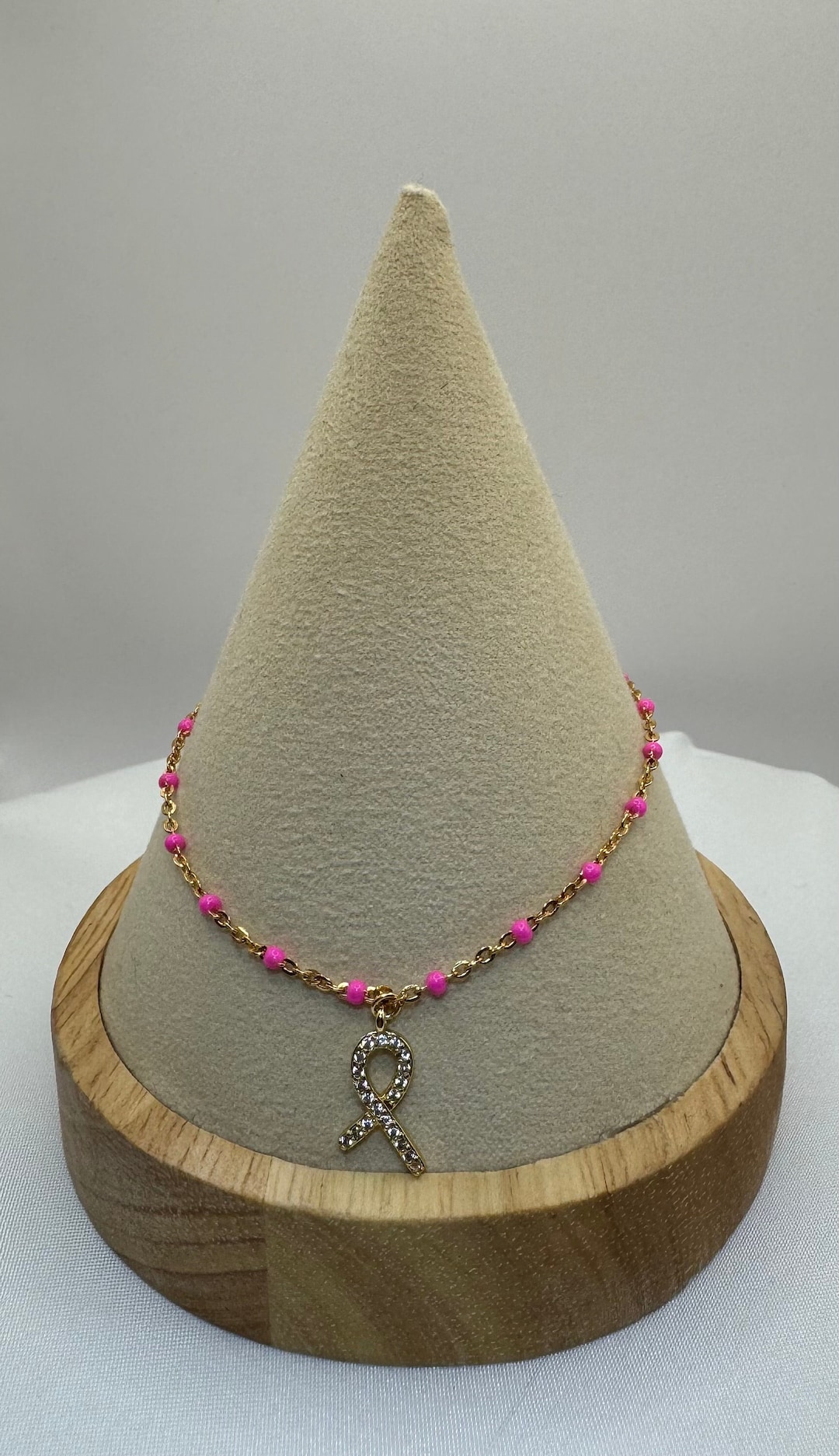 Hot Pink Beaded Breast Cancer Awareness Ribbon, Bracelet or Anklet in ...