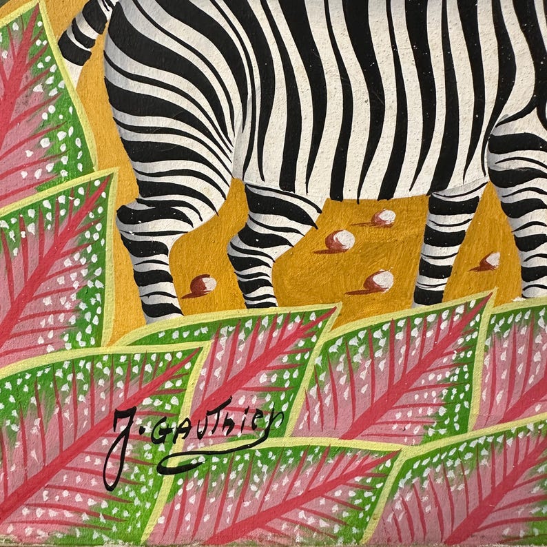 Vintage Haitian Painting - Zebras Under Fruit Tree, MCM Caribbean Art ...