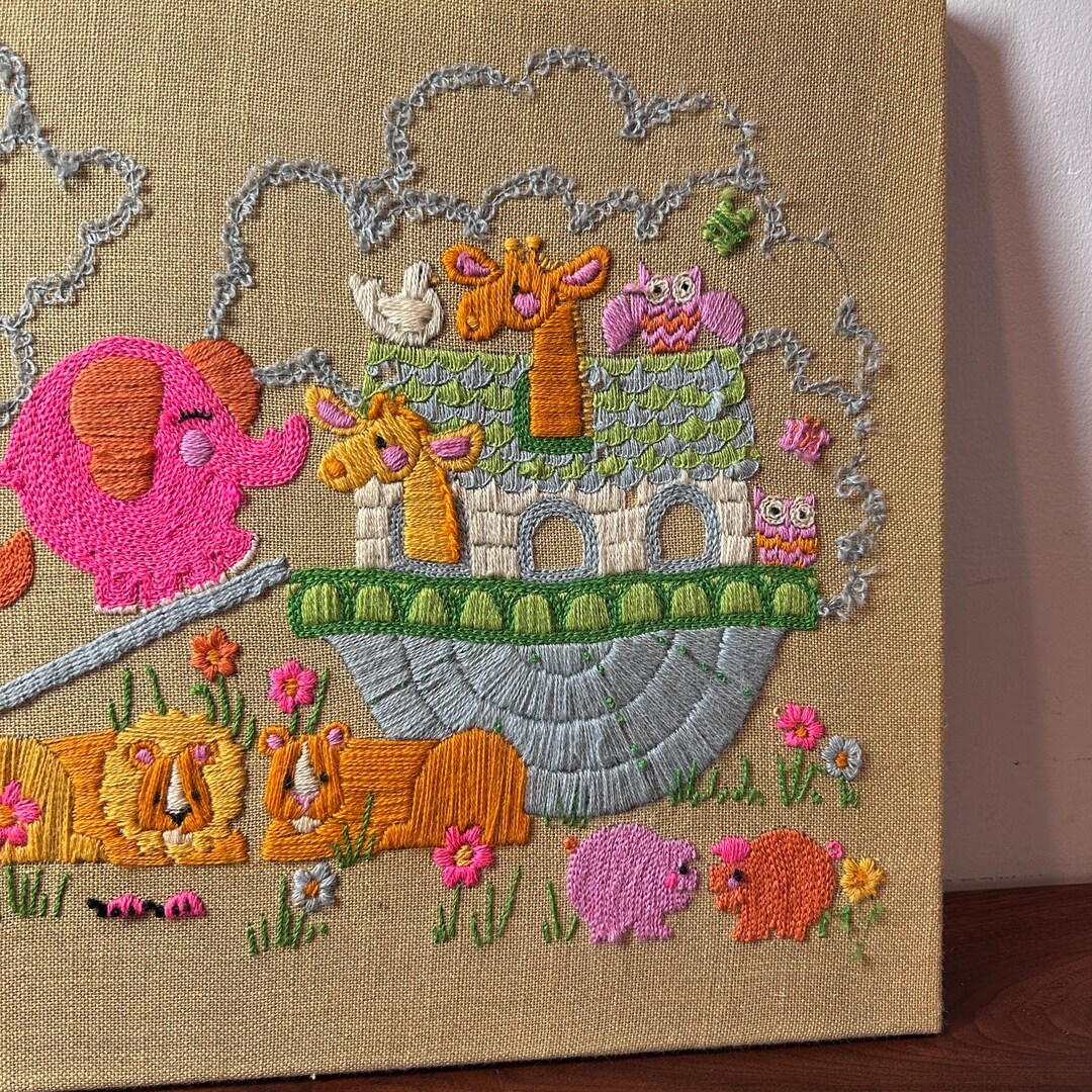 Vintage Crewel Noah's Ark Embroidery Art: 70s Kitsch Kids Room Decor - Etsy
