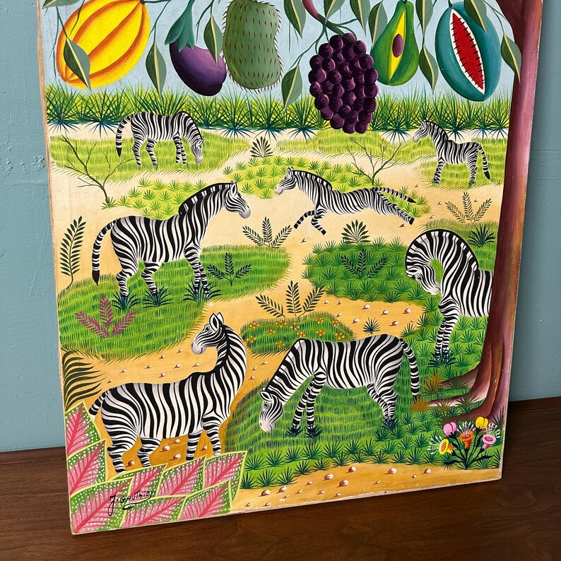 Vintage Haitian Painting - Zebras Under Fruit Tree, MCM Caribbean Art ...