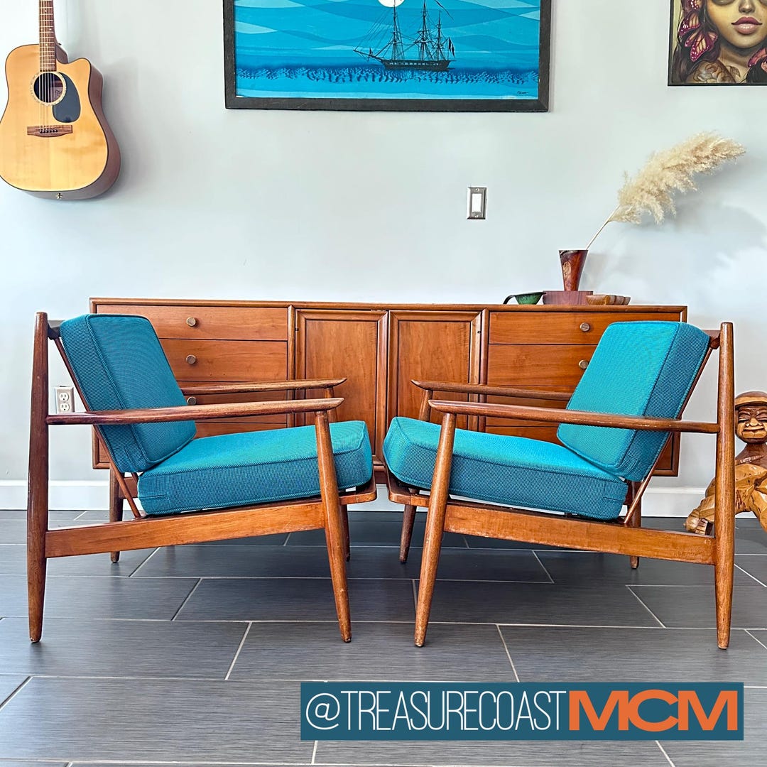 MCM Lounge Chairs - Pair / Teal Fabric / Baumritter / Vintage Danish ...