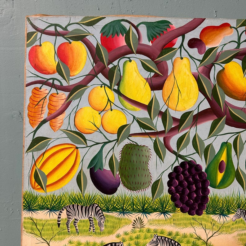 Vintage Haitian Painting - Zebras Under Fruit Tree, MCM Caribbean Art ...