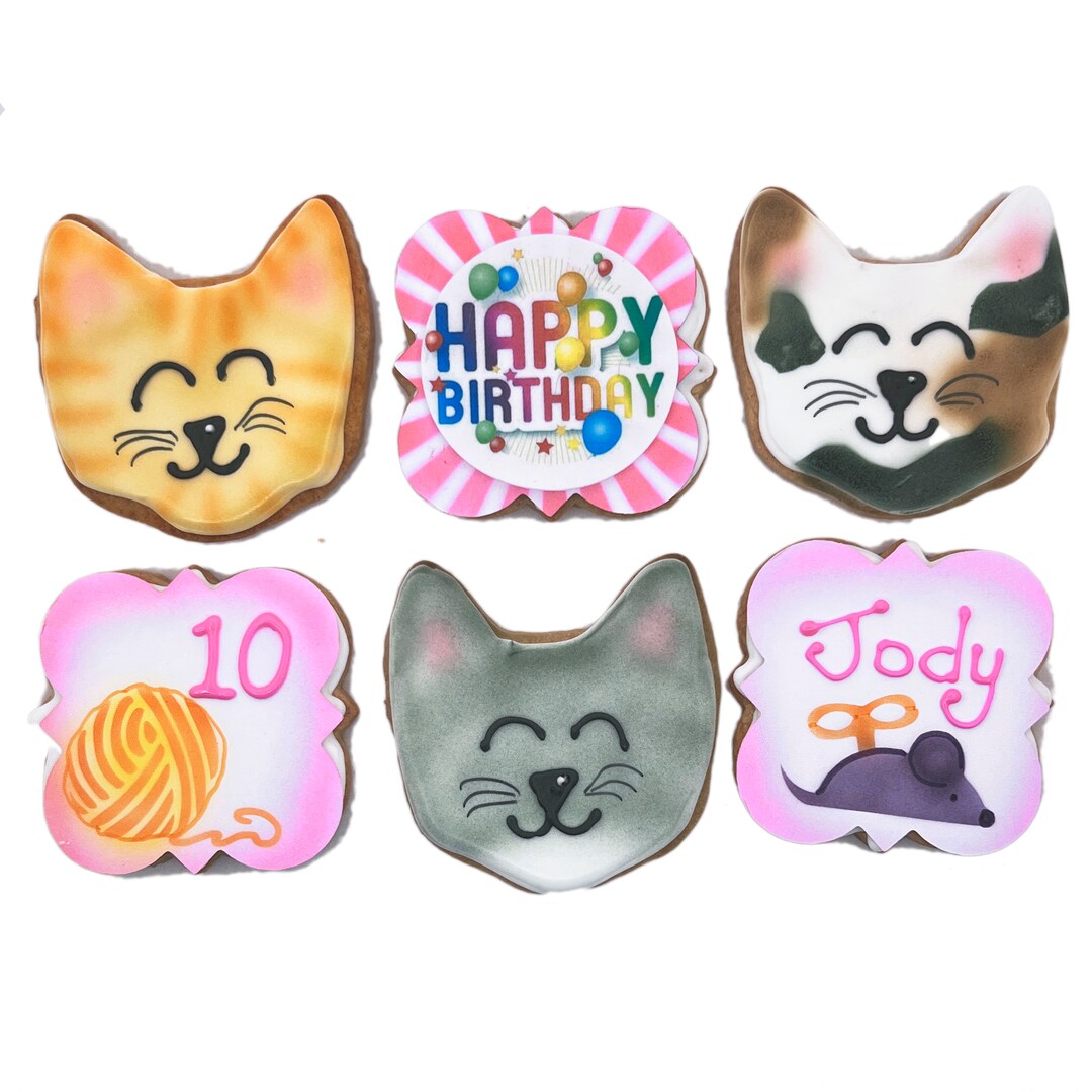 Cat Birthday Assortment- Set of 6 Crunchy Shortbread Cookies ...