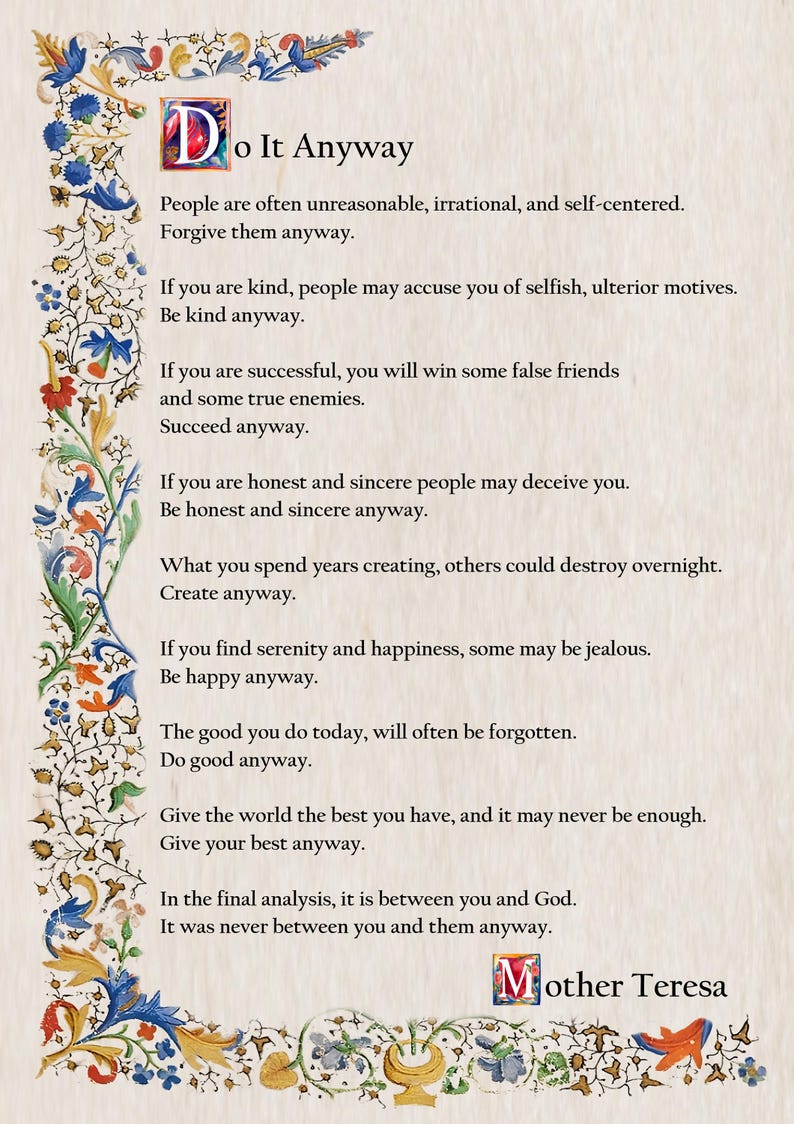 Do It Anyway Mother Teresa Of Calcutta Prayer Card Printable A4