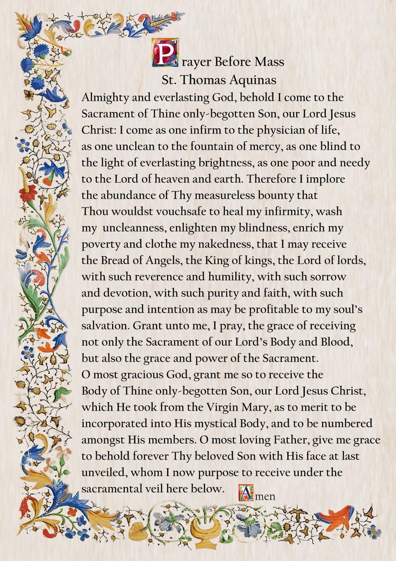 Prayer Before Mass by St. Thomas Aquinas, Catholic Prayer Card ...