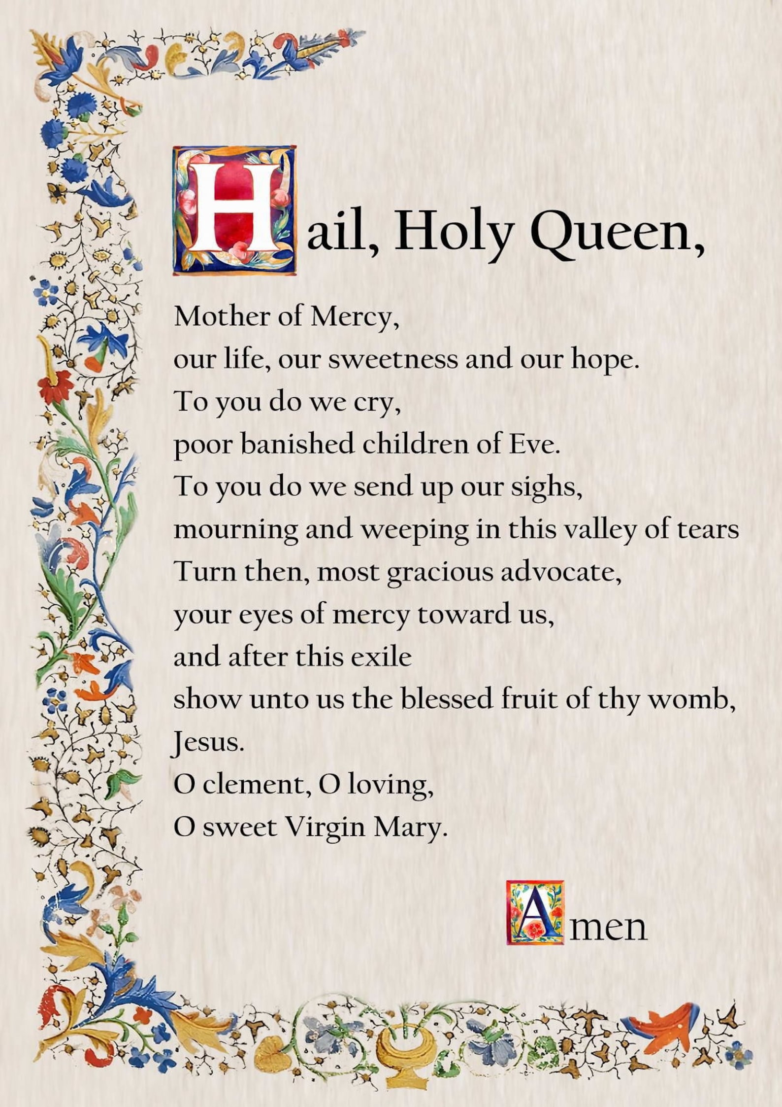 Hail Holy Queen Prayer, Catholic Prayer Card, Printable A4, Wall Art ...