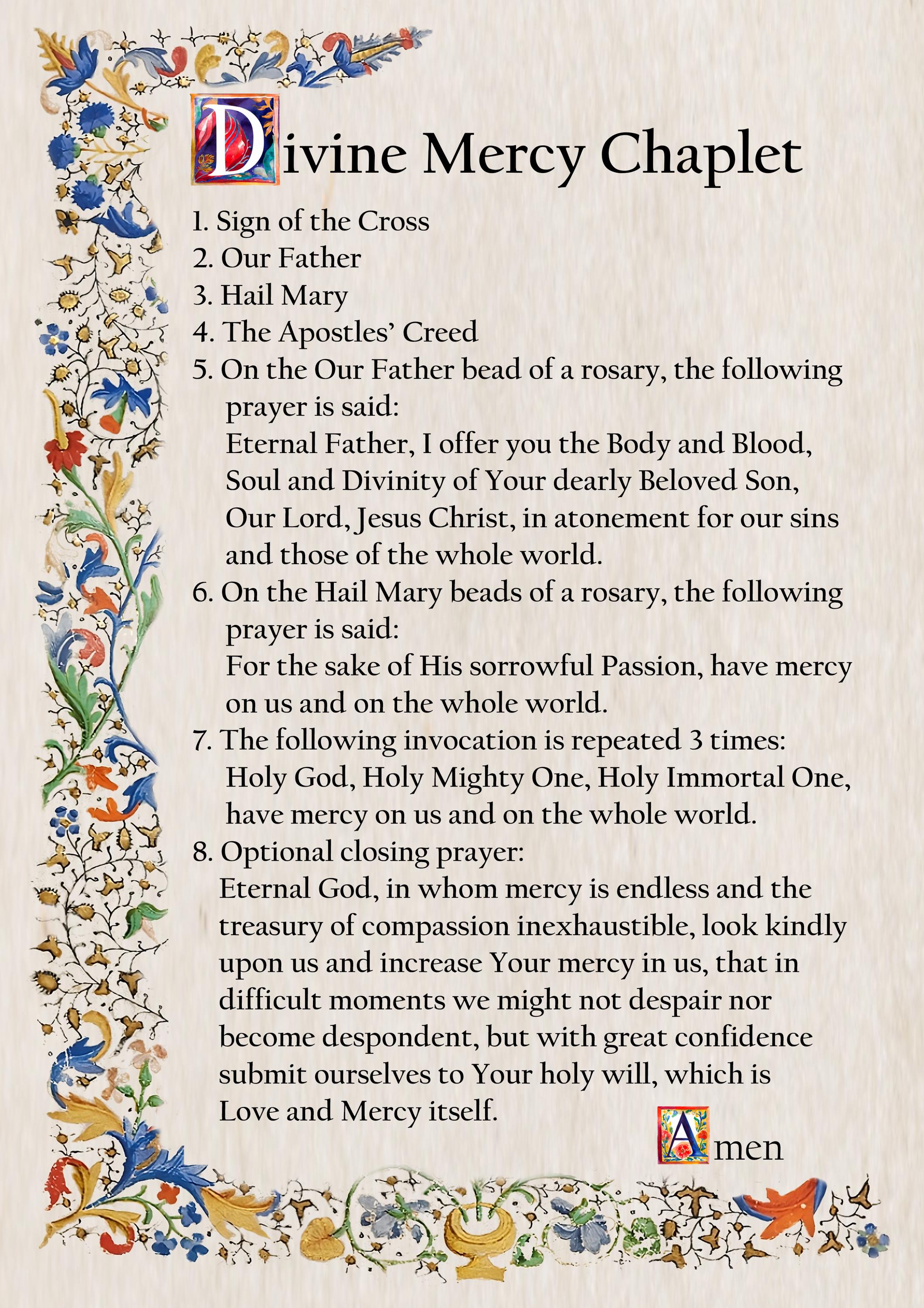 Divine Mercy Chaplet Prayer, Our Father Prayer, Catholic Prayer Card ...