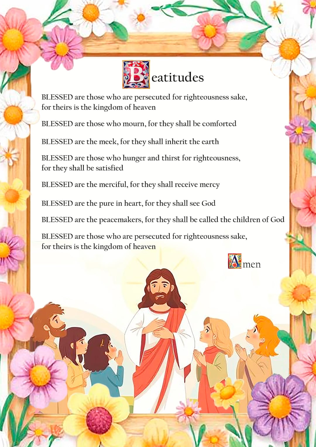The Beatitudes, Matthew 5:3-10, Catholic Prayer Card, Christian Decor ...