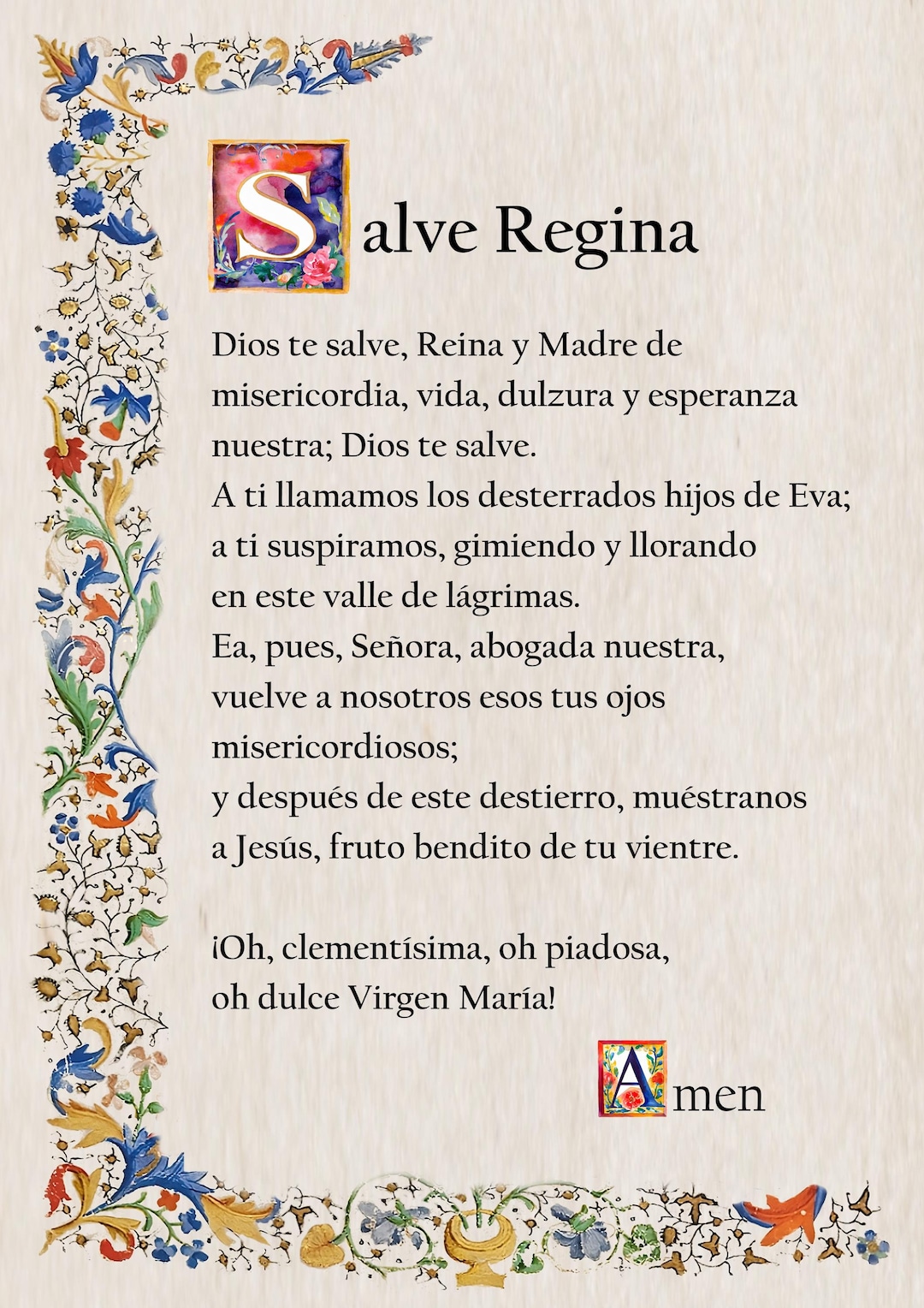 SALVE REGINA in SPANISH, Catholic Prayer Card, Popular Catholic Prayers ...