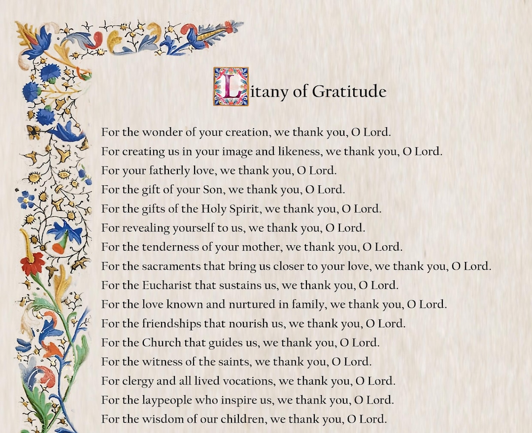 Litany of Gratitude Prayer, Catholic Prayer Card, Printable A4, Wall ...