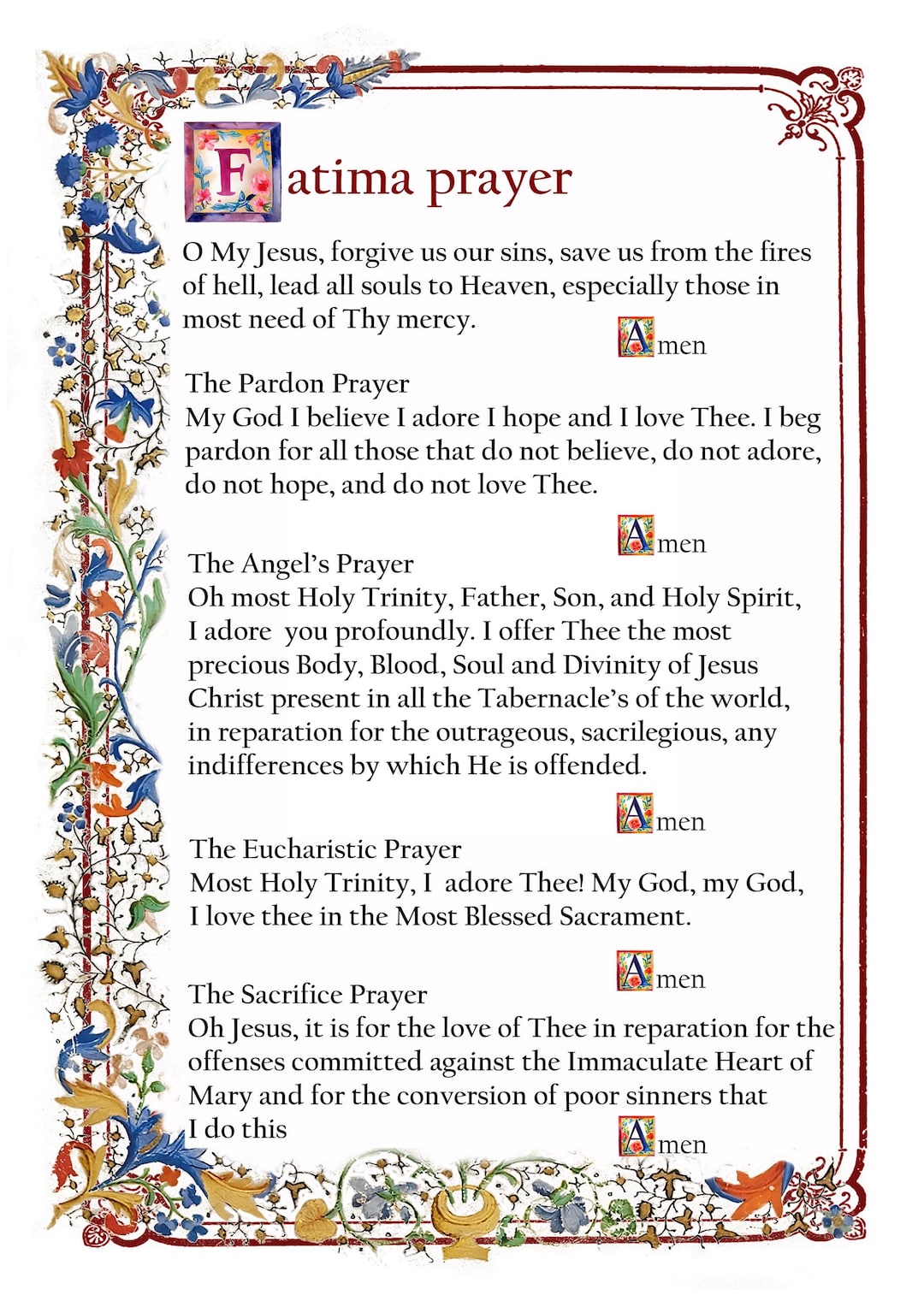 Fatima Prayer, Catholic Prayer Card, Printable A4, Wall Art, Christian ...
