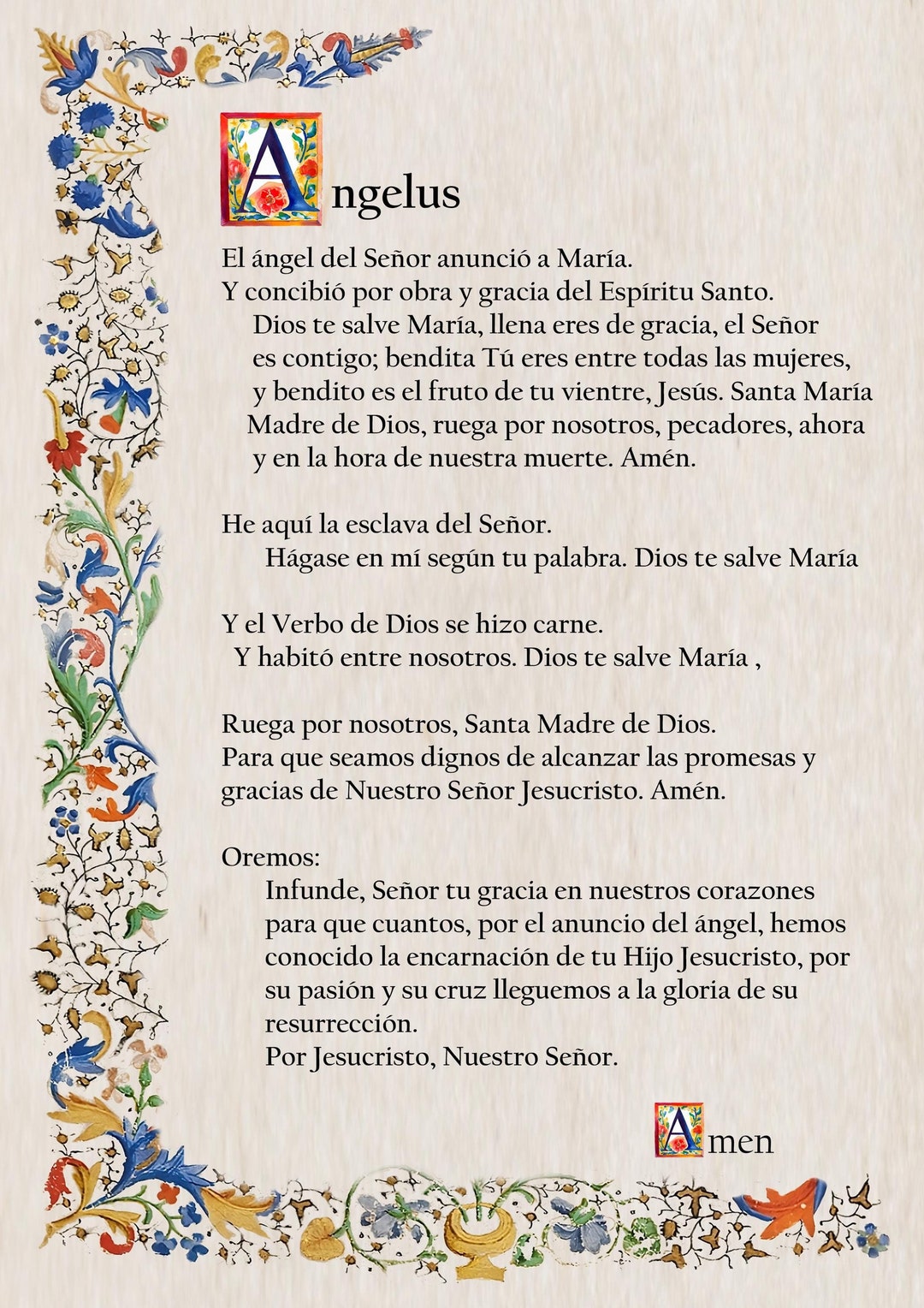 Angelus in SPANISH, Catholic Prayer Card, Popular Catholic Prayers, Traditional Prayer ...
