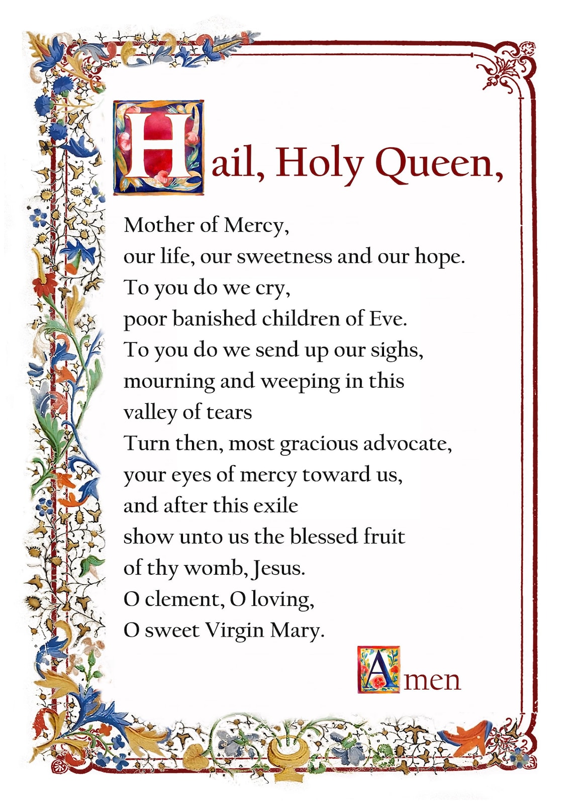 Hail Holy Queen Prayer, Catholic Prayer Card, Virgin Mary Prayer ...