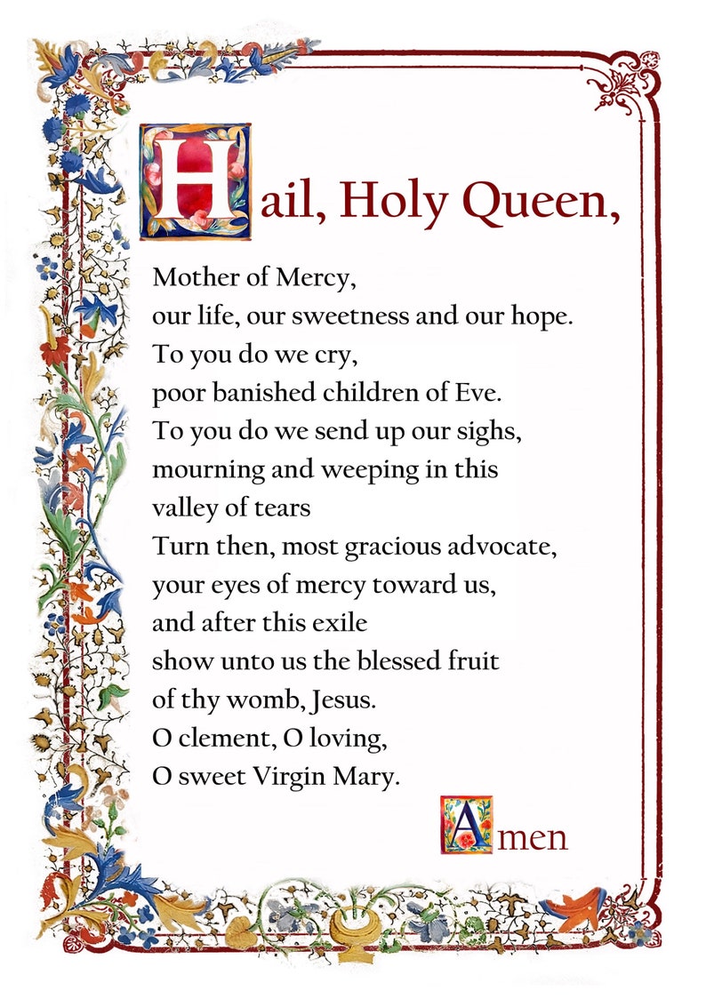 Hail Holy Queen Prayer, Catholic Prayer Card, Virgin Mary Prayer ...