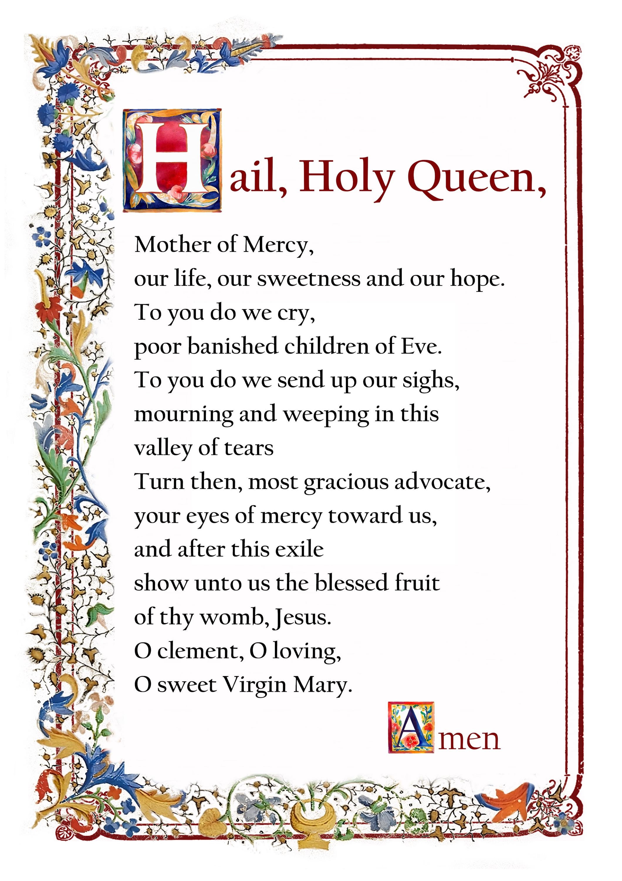 Hail Holy Queen Prayer, Catholic Prayer Card, Virgin Mary Prayer ...