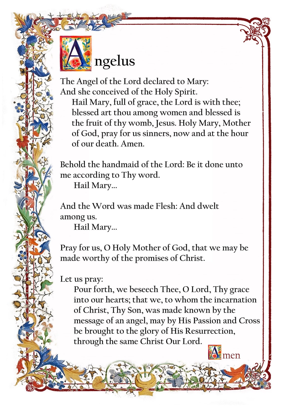 Angelus, Catholic Prayer Card, Printable A4, Wall Art, Christian Decor ...