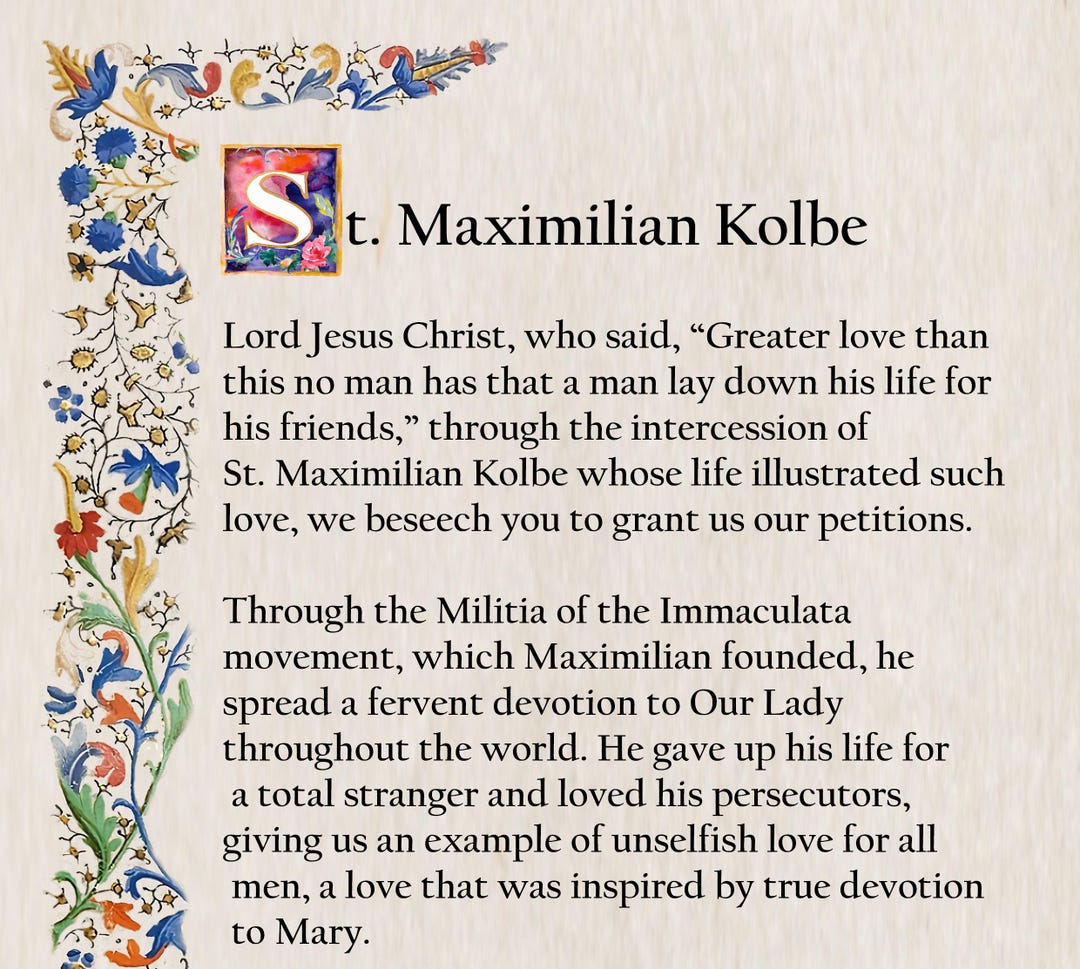 St. Maximilian Kolbe Prayer, Catholic Prayer Card, Printable A4 ...